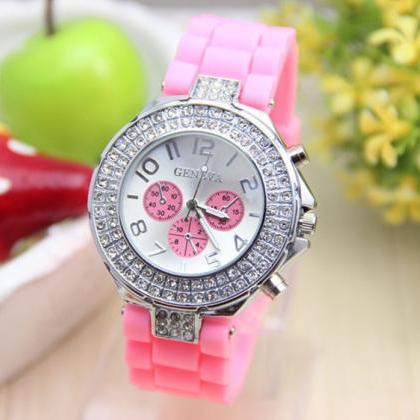 Rubber Pink Band Rhinestones Design Unisex Teen Watch on Luulla