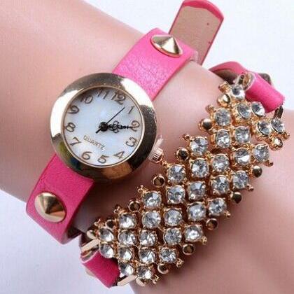 Rhinestone Pink Wrap Leather Fashion Woman Watch on Luulla