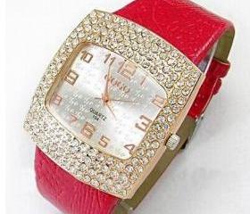 Rhinestones Wide Red Leather Strap Fashion Elegant Woman Watch on Luulla