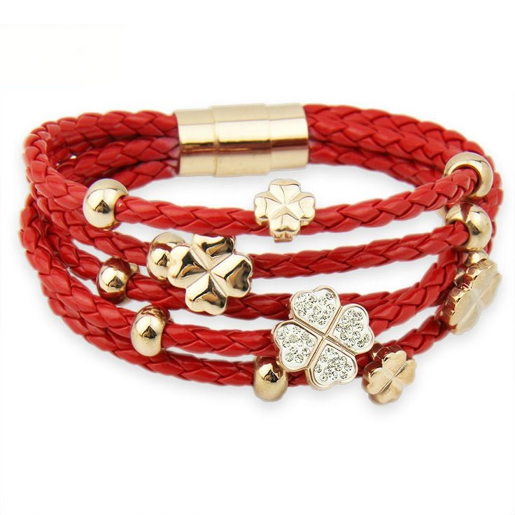 Multilayer Rhinestones Red Flowers Rope Casual Girl Bracelet on Luulla