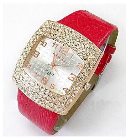 Rhinestones Wide Red Leather Strap Fashion Elegant Woman Watch on Luulla
