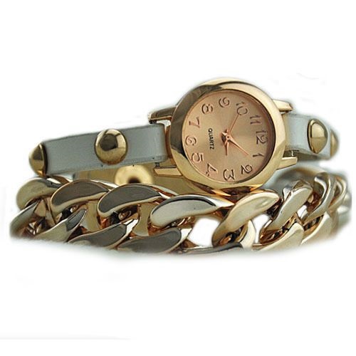 Gold Colored Chain - Leather White Band Dress Woman Watch on Luulla