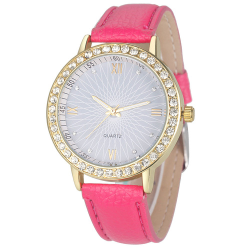 Elegant Rhinestone Gold Toned Case Dress Pu Leather Pink Strap Woman ...