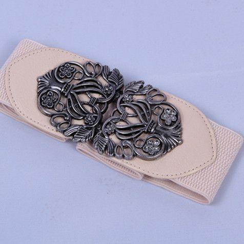 Elastic Woman Beige Belt With Alloy Flowers Buckle on Luulla