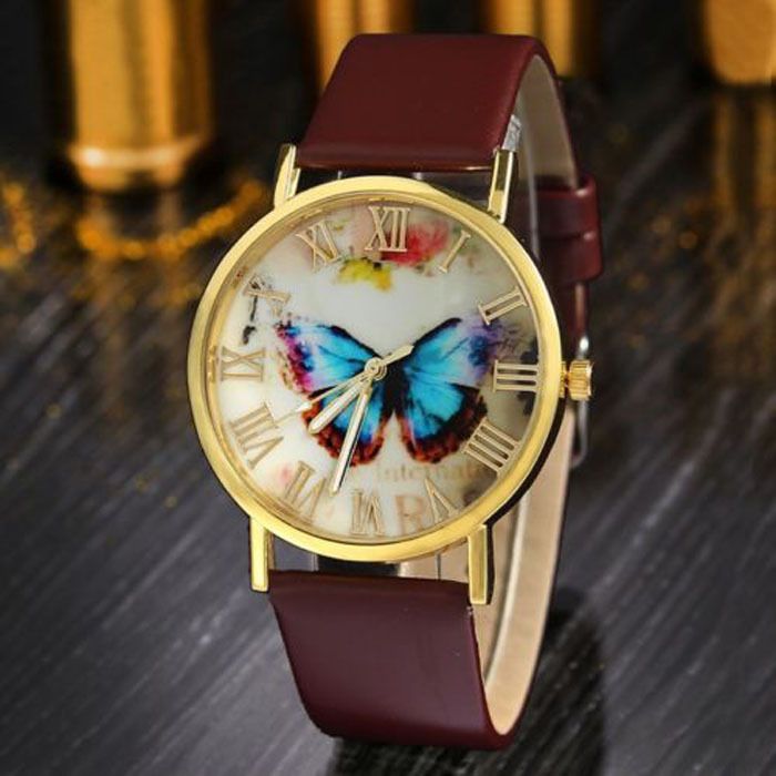 Butterfly Face Brown Pu Leather Band Teen Unisex Watch on Luulla
