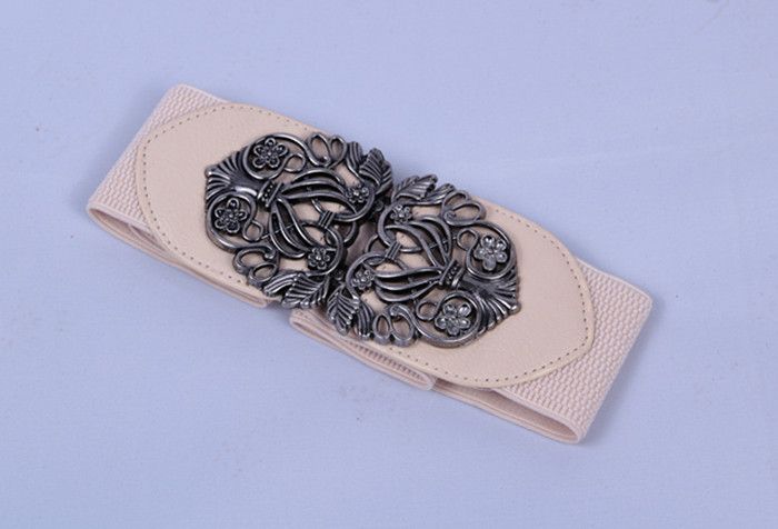 Elastic Woman Beige Belt With Alloy Flowers Buckle on Luulla