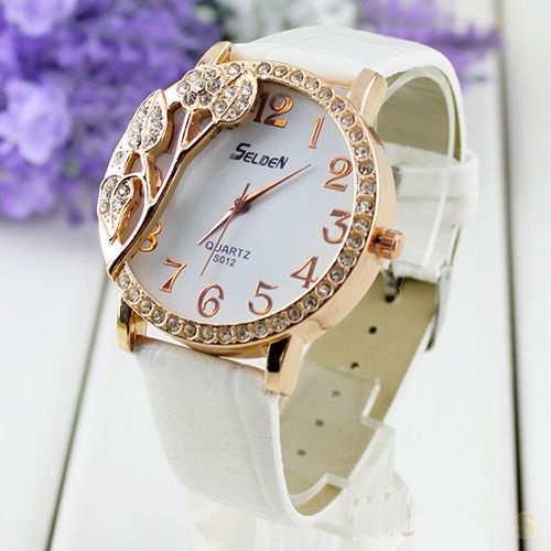 Rhinestones Leaves White Leather Band Woman Watch on Luulla